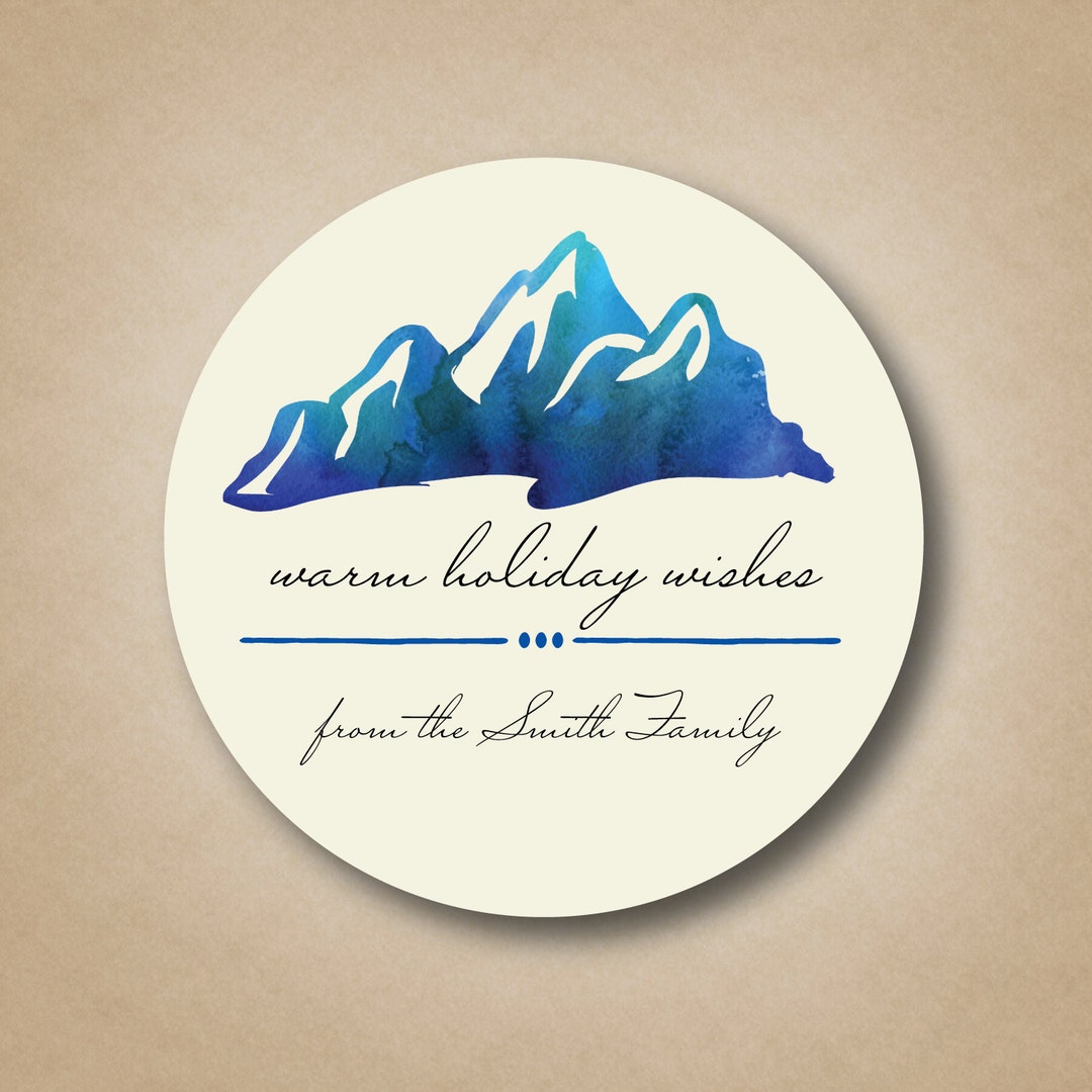 Watercolor Christmas Gift Label Mountain Range Holiday Sticker Blue ...