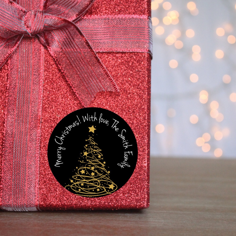 Christmas Stickers Gold Tree Black Christmas Gift Tags Holiday - Etsy