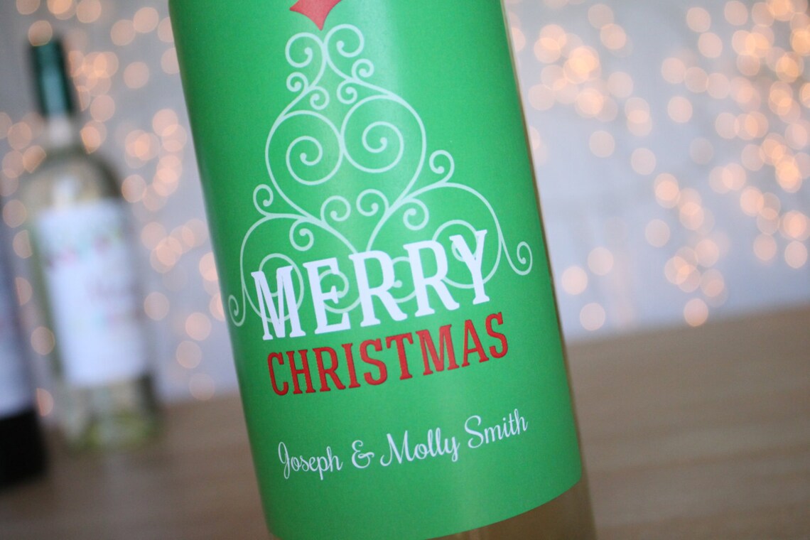 Merry Christmas Wine Label Green Tree Wine Labels Personalized - Etsy