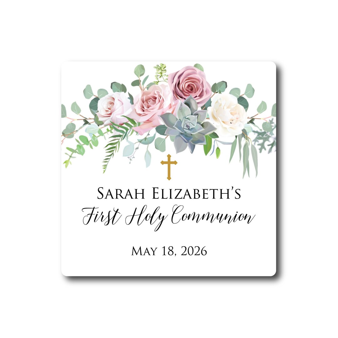 First Communion Labels - Blush Rose Floral Stickers First Holy ...
