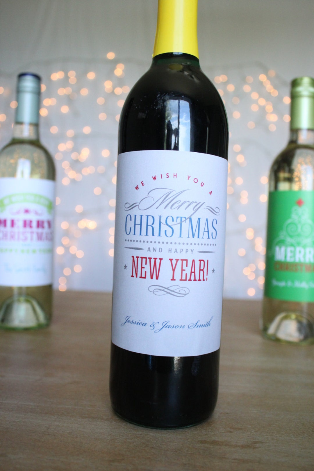 Custom Holiday Wine Labels Silver Merry Christmas Happy New Year Wine ...