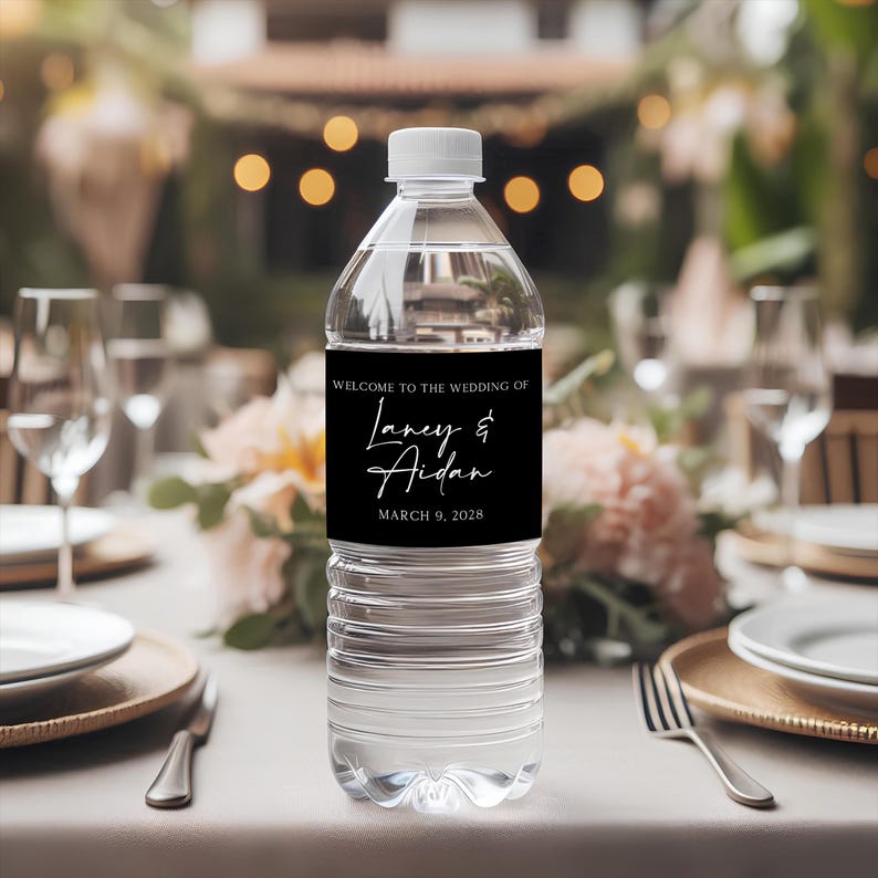 Personalized Wedding Water Bottle Labels: Black Vinyl Modern Reception ...