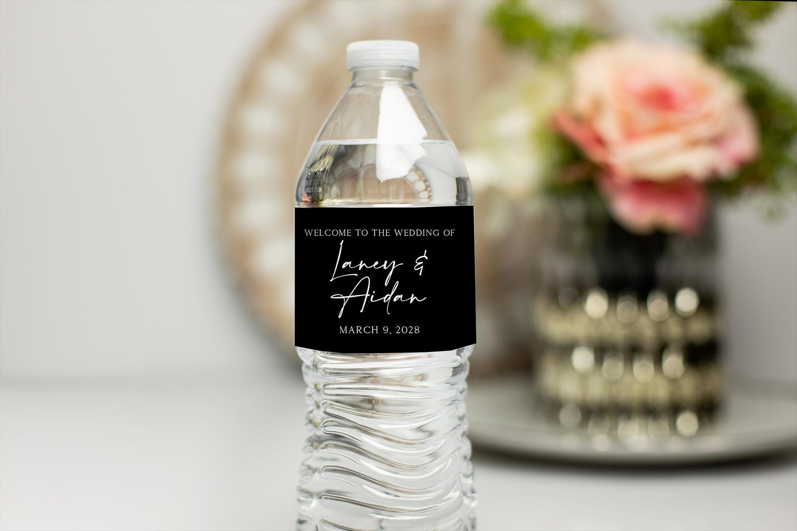 Personalized Wedding Water Bottle Labels: Black Vinyl Modern Reception ...
