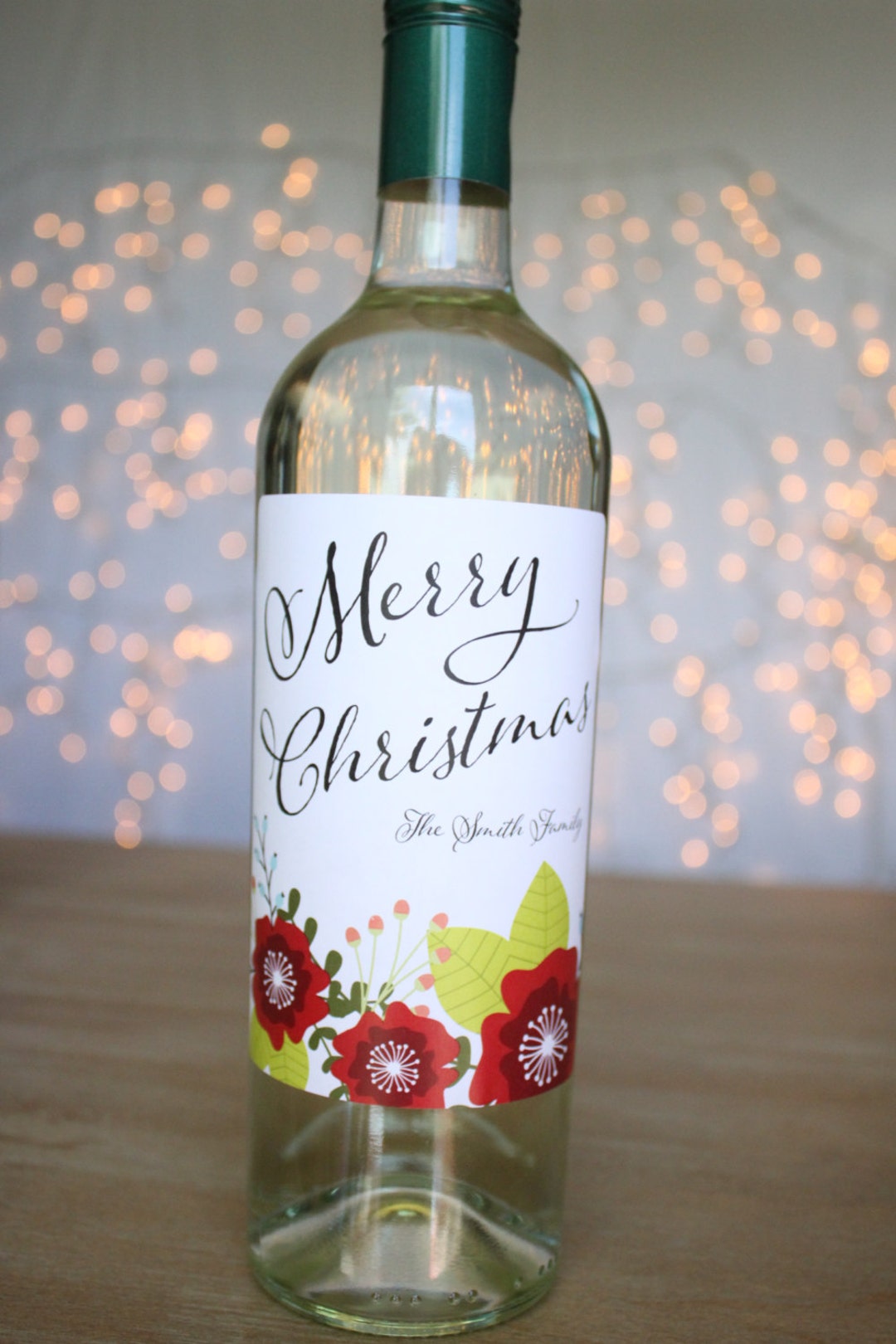 Merry Christmas Red Floral Wine Labels Custom Holiday Wine - Etsy