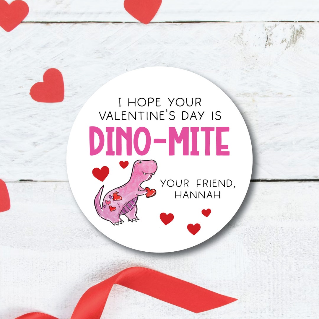 Dino Mite Valentine Stickers Pink T Rex Valentines Labels, Classroom ...