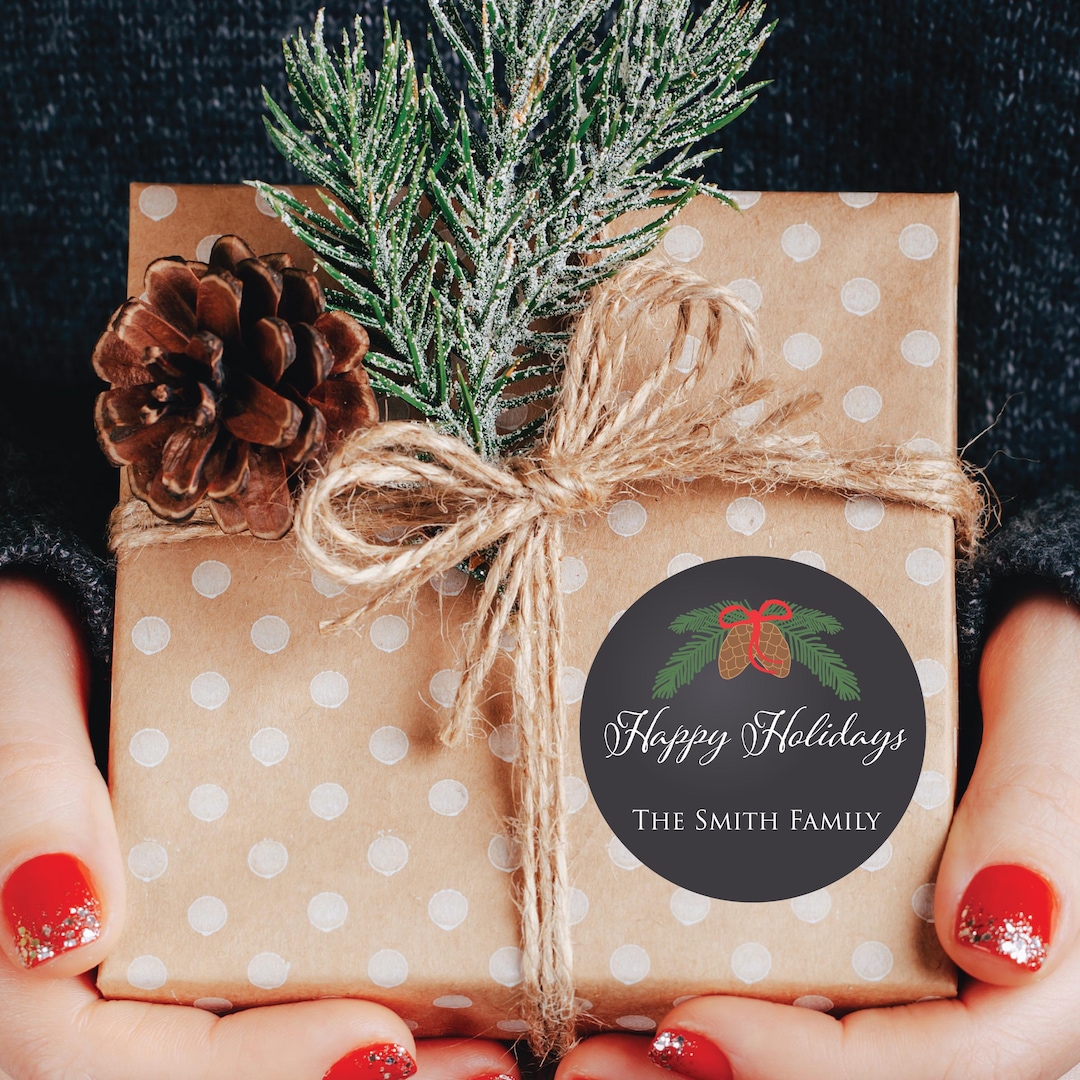 Christmas Stickers - Happy Holidays Pinecone Gift Labels, Rustic ...