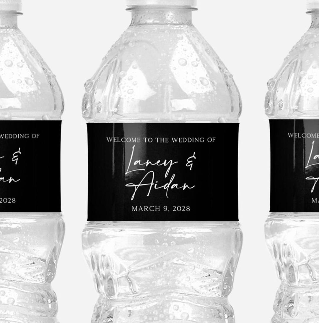 Personalized Wedding Water Bottle Labels: Black Vinyl Modern Reception ...