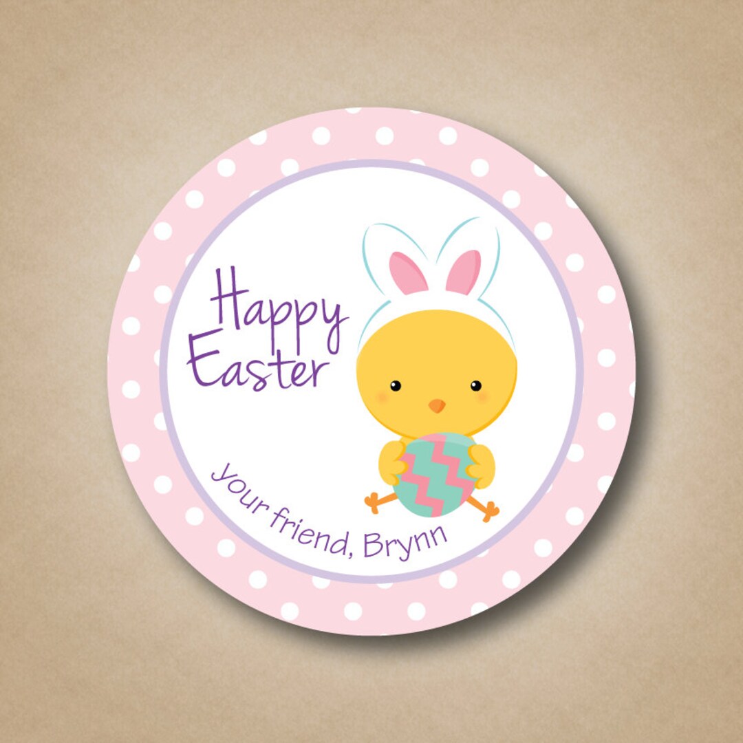 Easter Chick Stickers Happy Easter Label Pink Polka Dots Baby Chick ...
