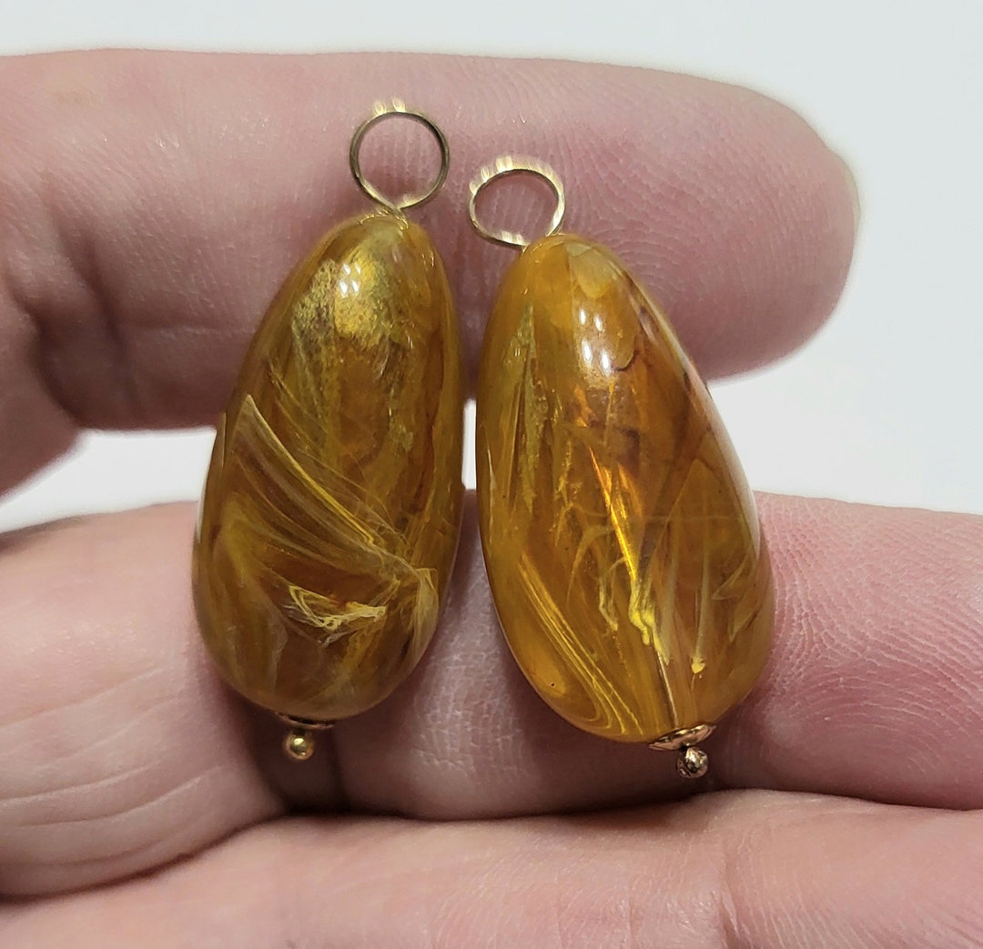 Large 12x25mm Swirling Lab Amber INTERCHANGEABLE Earring Charms YG or ...