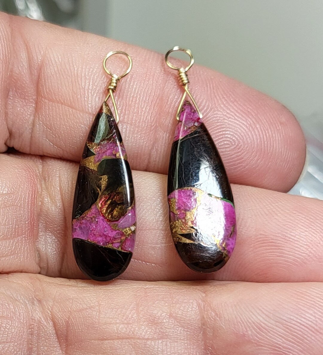 1 Pair Mojave Dalmation Obsidian and Hot Pink Calcite INTERCHANGEABLE ...