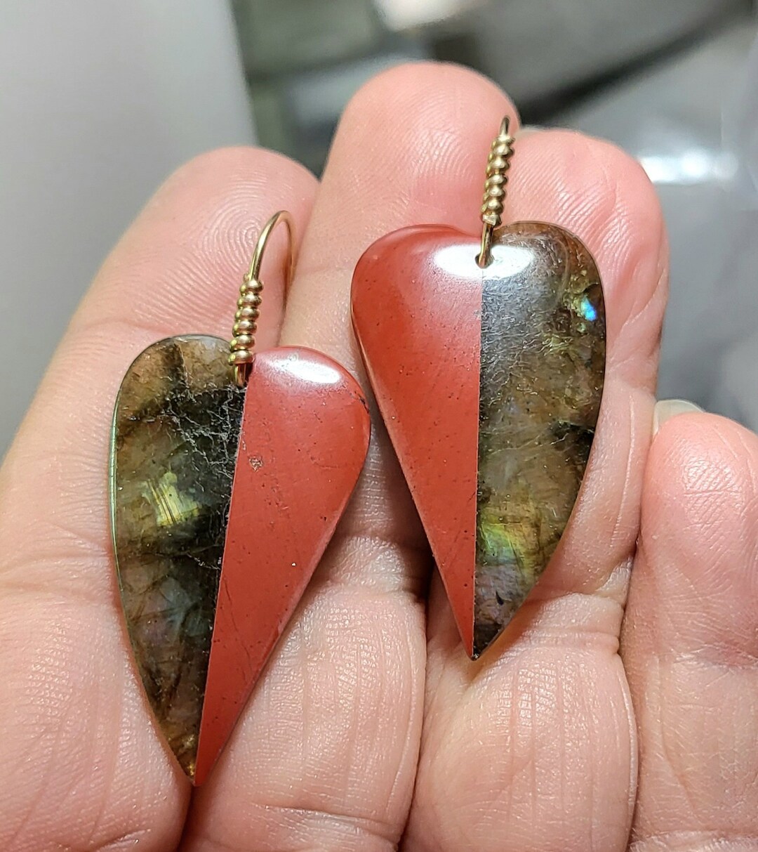 Red River Jasper Labradorite Intarsia Heart Earrings Sterling Silver ...