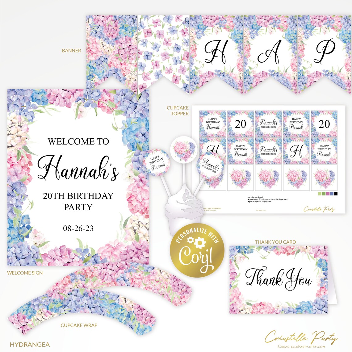 Hydrangea Editable Party Decor Package Watercolor Floral | Etsy