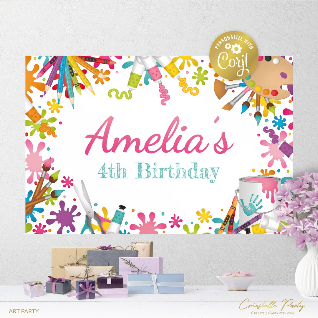 Editable Art Party Backdrop File, Painting Party Poster File, Rainbow ...