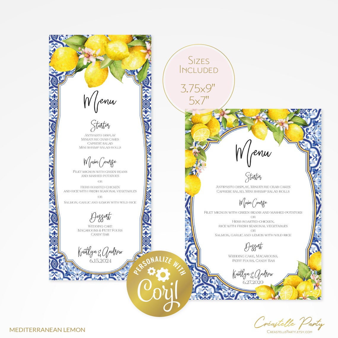 Mediterranean Lemon Wedding Menu Template, Editable 3.75x9 + 5x7 Menus ...