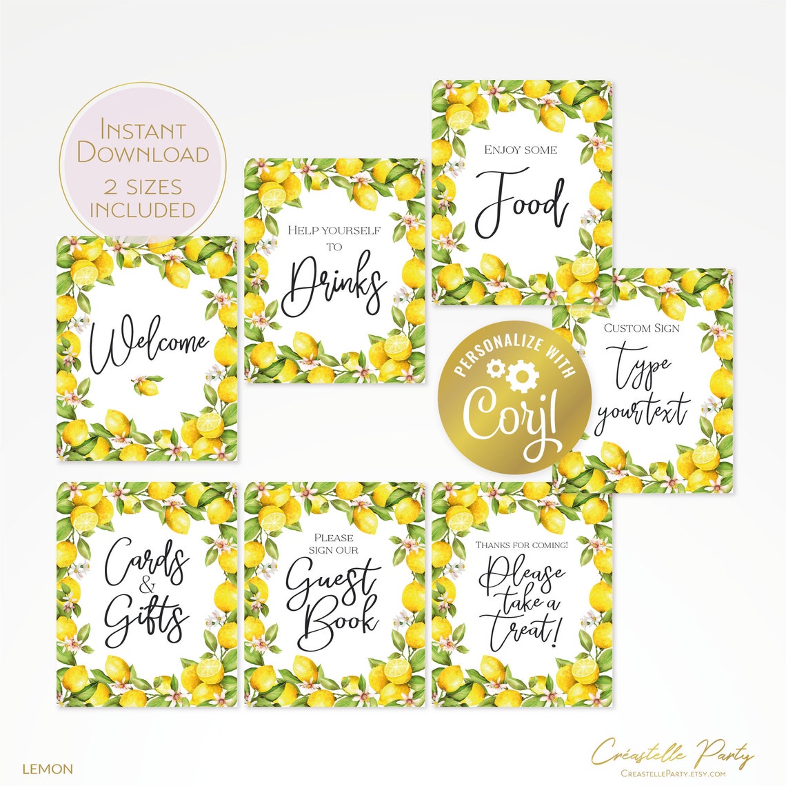 Party Sign Set Watercolor Lemon Signs Yellow Summer Party | Etsy