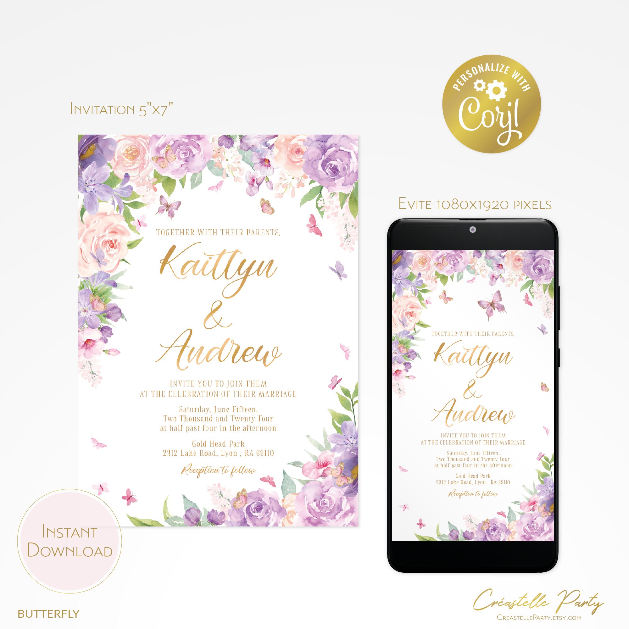 Butterfly Wedding Editable Digital Invitation Suite, Gold and Lavender ...