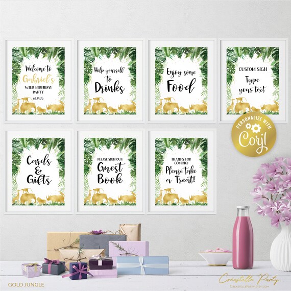 Editable gold jungle animals party sign set, safari signs, party ...