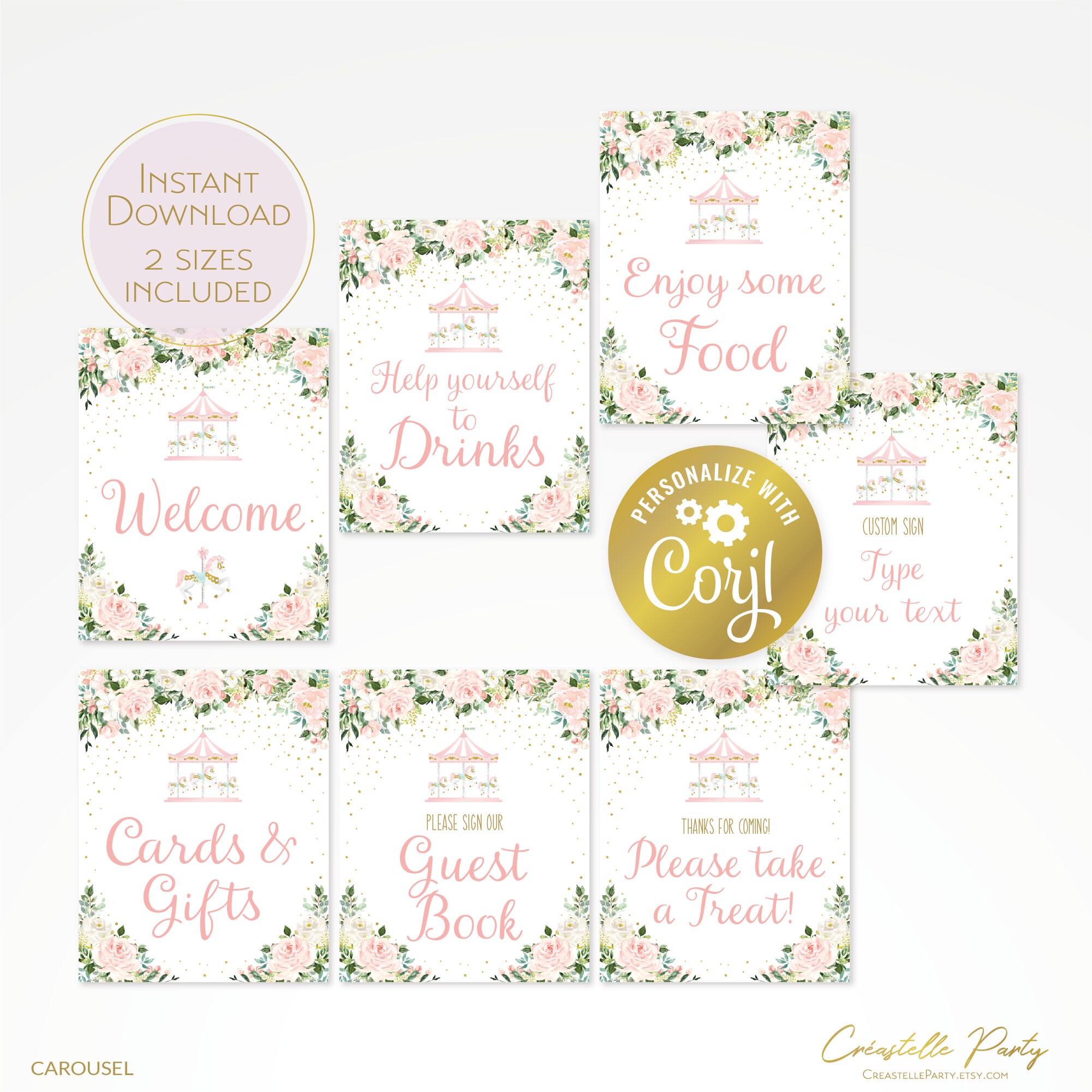 Party Sign Set Carousel Signs Pink Floral Party Signs Party | Etsy