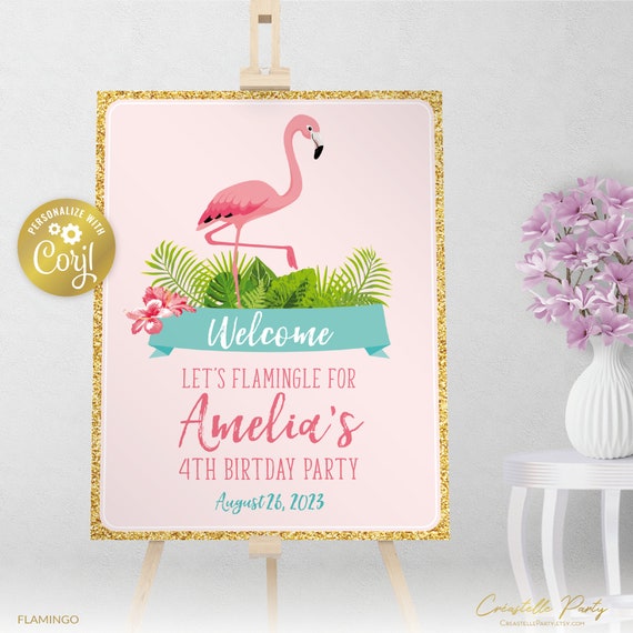 Pink tropical flamingo welcome sign, tropical greenery editable sign ...