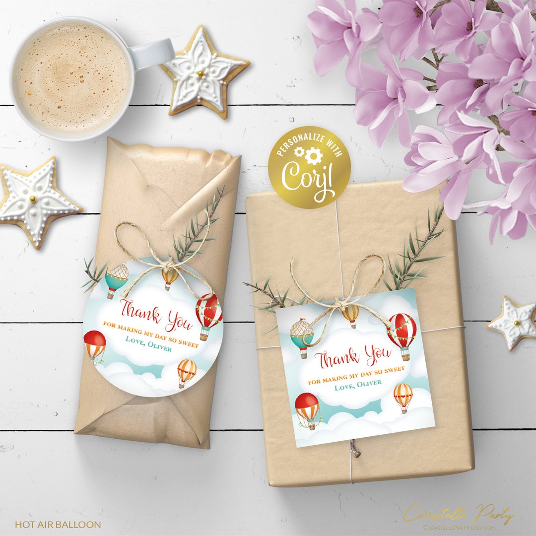 Hot Air Balloon Red Editable Favor Tag, Up, up and Away First Birthday ...