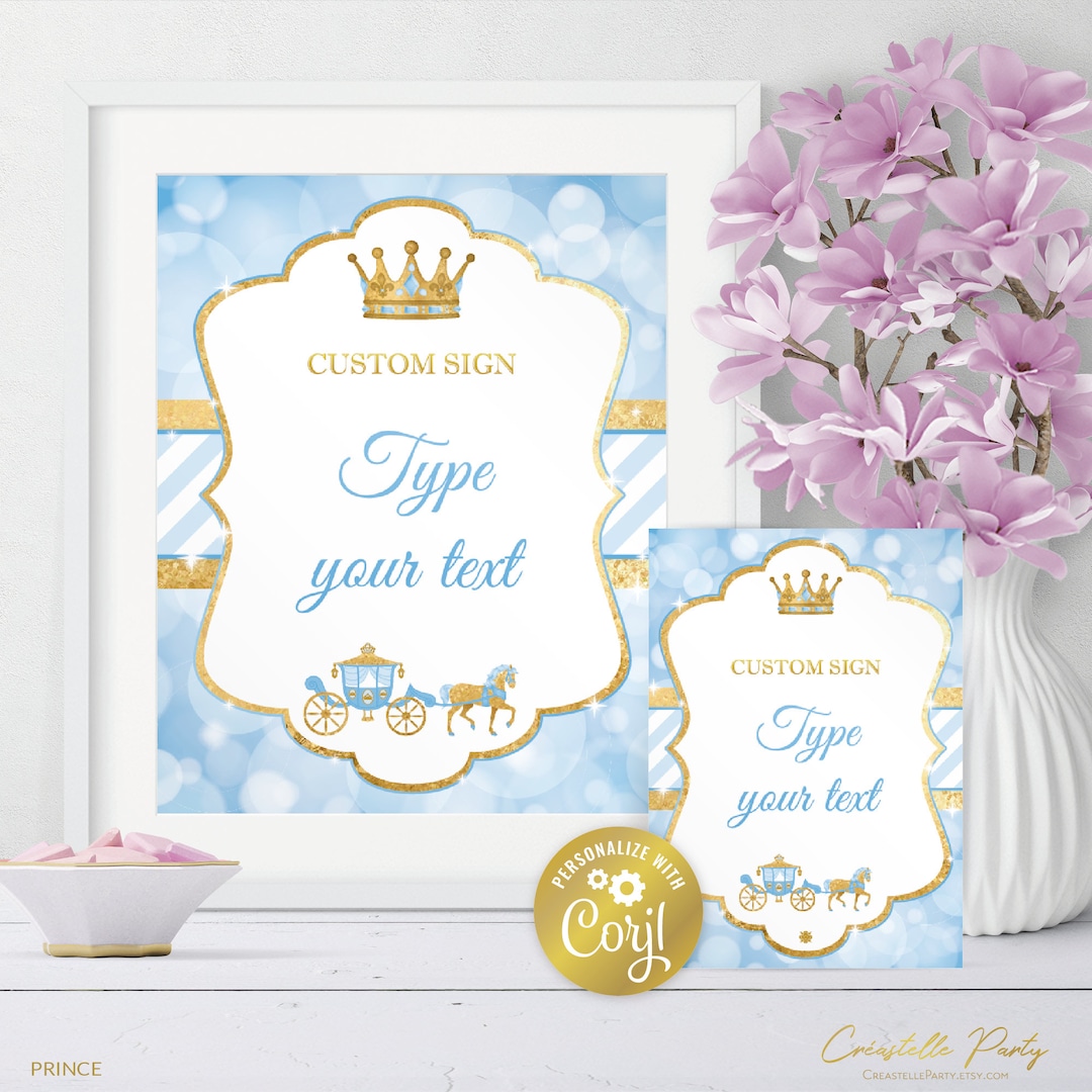 Prince Party Sign Set, Royal Crown Printable Signs, Gold, Sky Blue ...