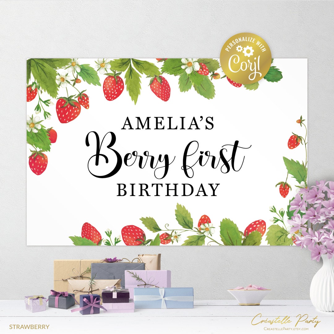 Editable Strawberry File, Berry First Party Poster, Decoration, Red ...