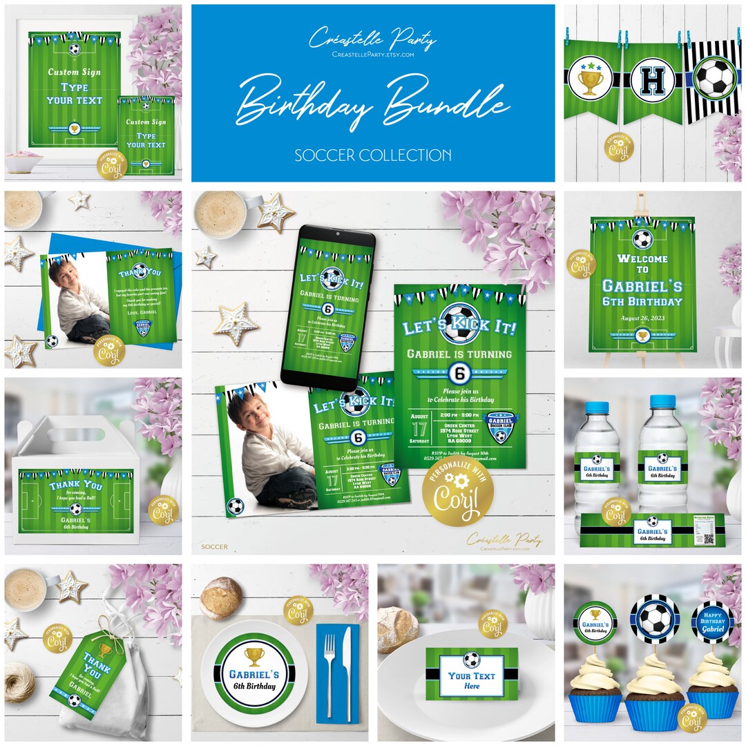 Soccer Field Editable Party Decoration Package, Blue Football Birthday ...