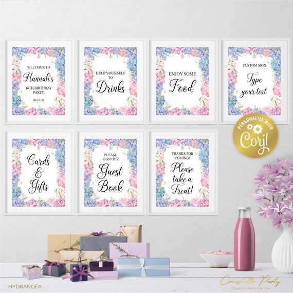 Party sign set, editable hydrangea signs, pink and blue signs, party ...