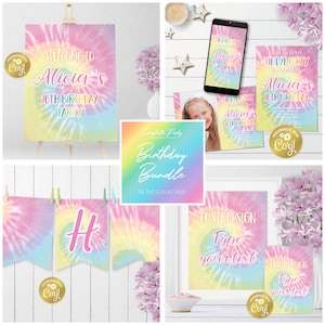 Tie Dye Editable Party Decor Package, Light Pastel Rainbow Spiral ...