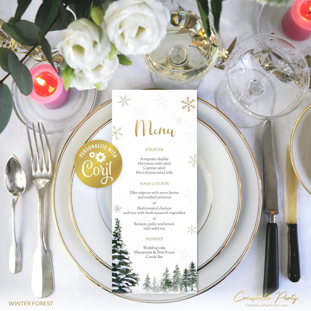 Winter Forest Wedding Menu Template, Editable 3.75x9 + 5x7 Menus ...