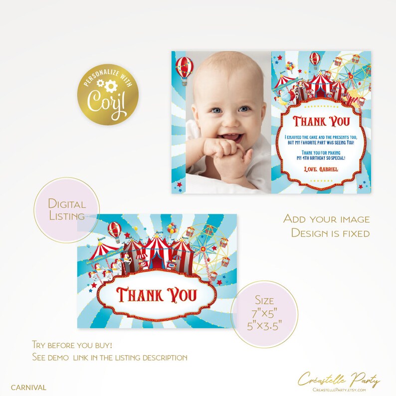 Carnival Editable Thank You Card, Big Top Digital Party Photo Card, Red ...