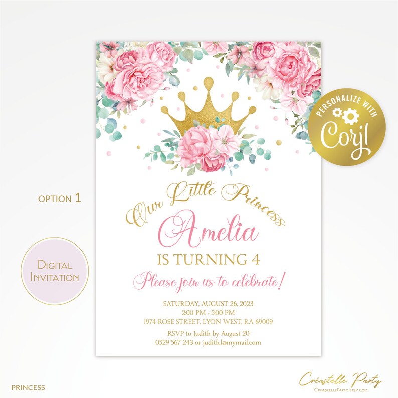 Editable Princess Invitation Royal Crown Printable Pink and - Etsy