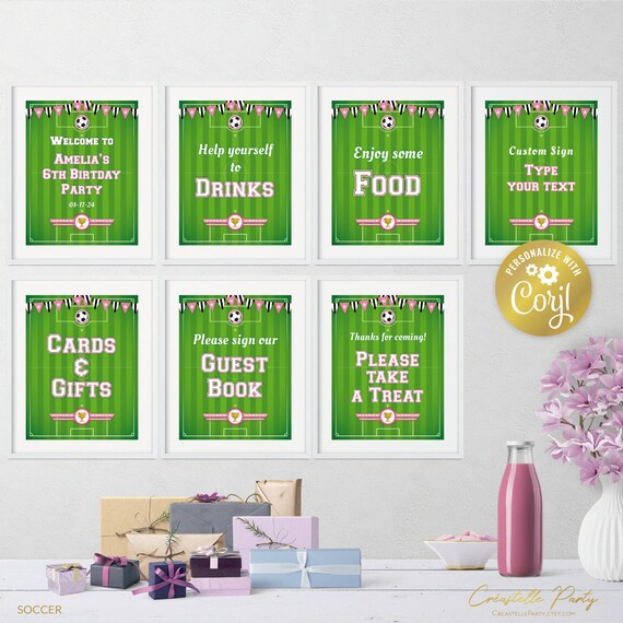 Pink soccer party sign set, editable sport party decoration, football ...