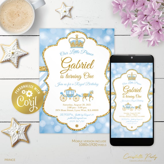 Editable prince invitation, bokeh royal printable, baby blue and gold birthday digital ...
