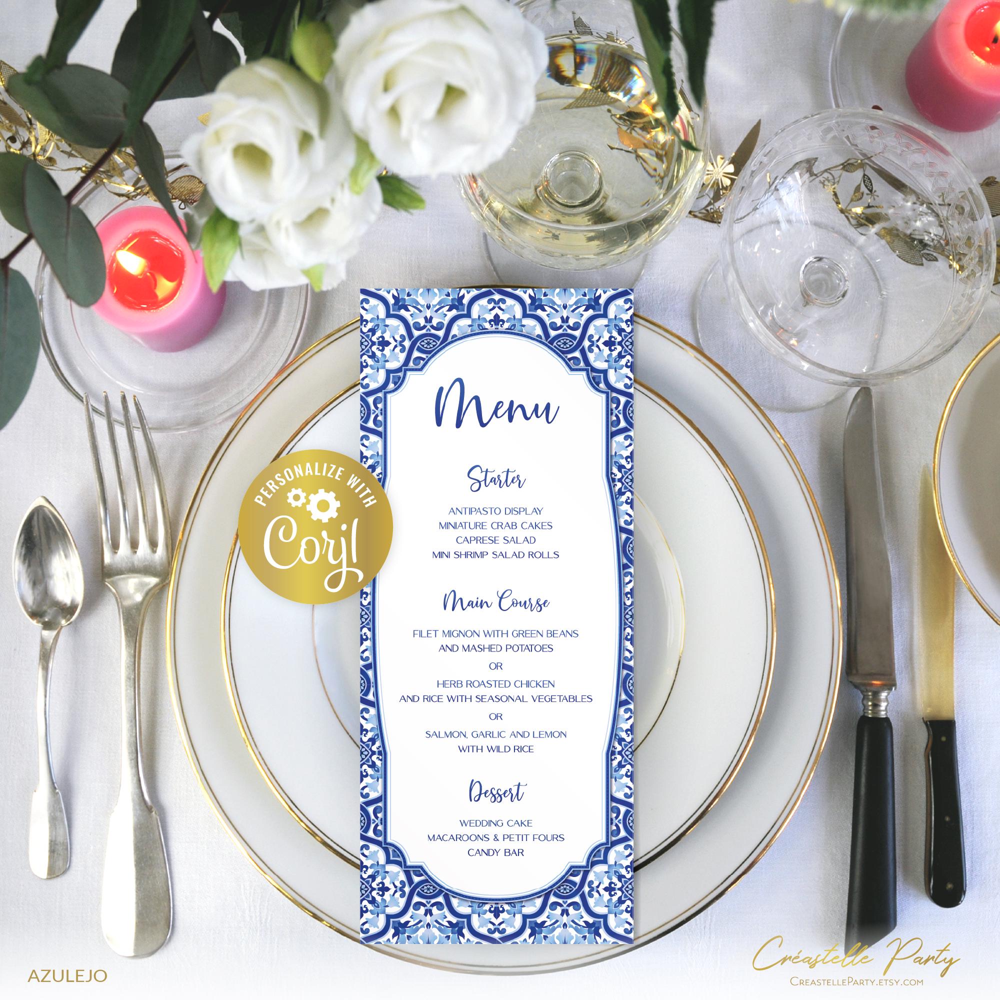 Mediterranean Wedding Menu Template, Editable 3.75x9 + 5x7 Menus ...
