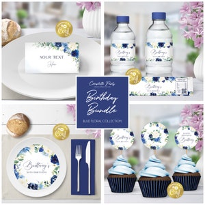 Blue Floral Editable Party Decoration Package, Navy and Cream Printable ...
