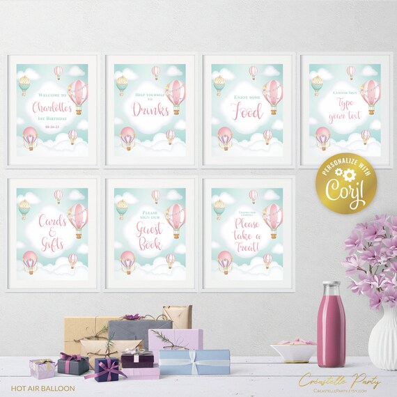 Party sign set, editable Hot Air Balloon signs, pink Up, Up & Away ...