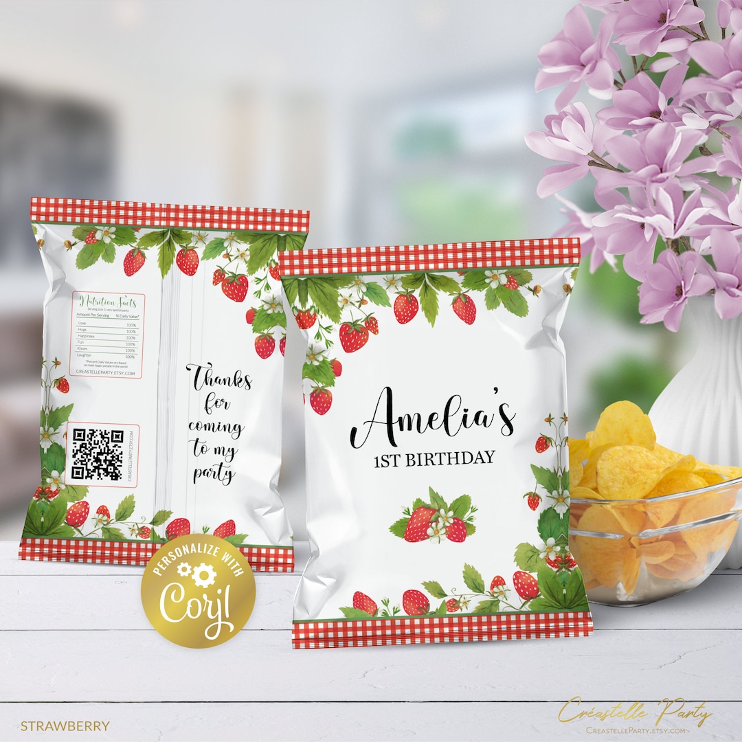 Strawberry Editable Chip Bag Wrapper, Sweet Berry Birthday Snacks Label ...