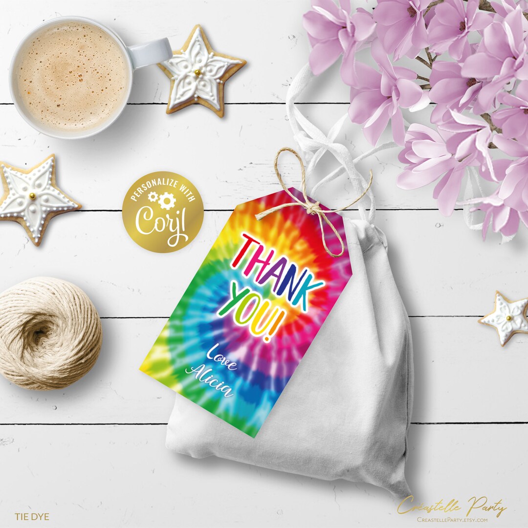 Tie Dye Editable Favor Tag, Bright Rainbow Spiral Birthday Label, Craft ...