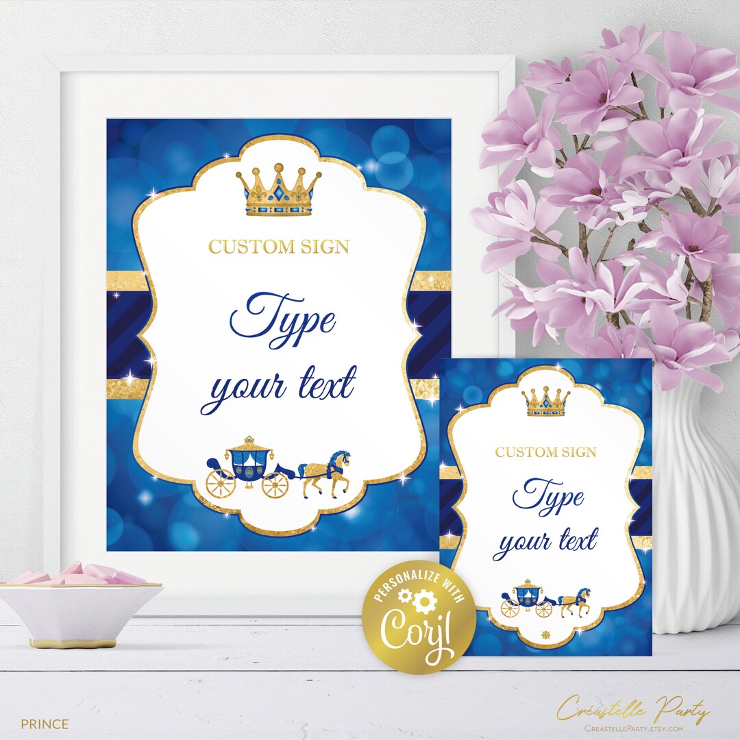 Prince Party Sign Set, Royal Crown Printable Signs, Gold and Navy Bokeh ...