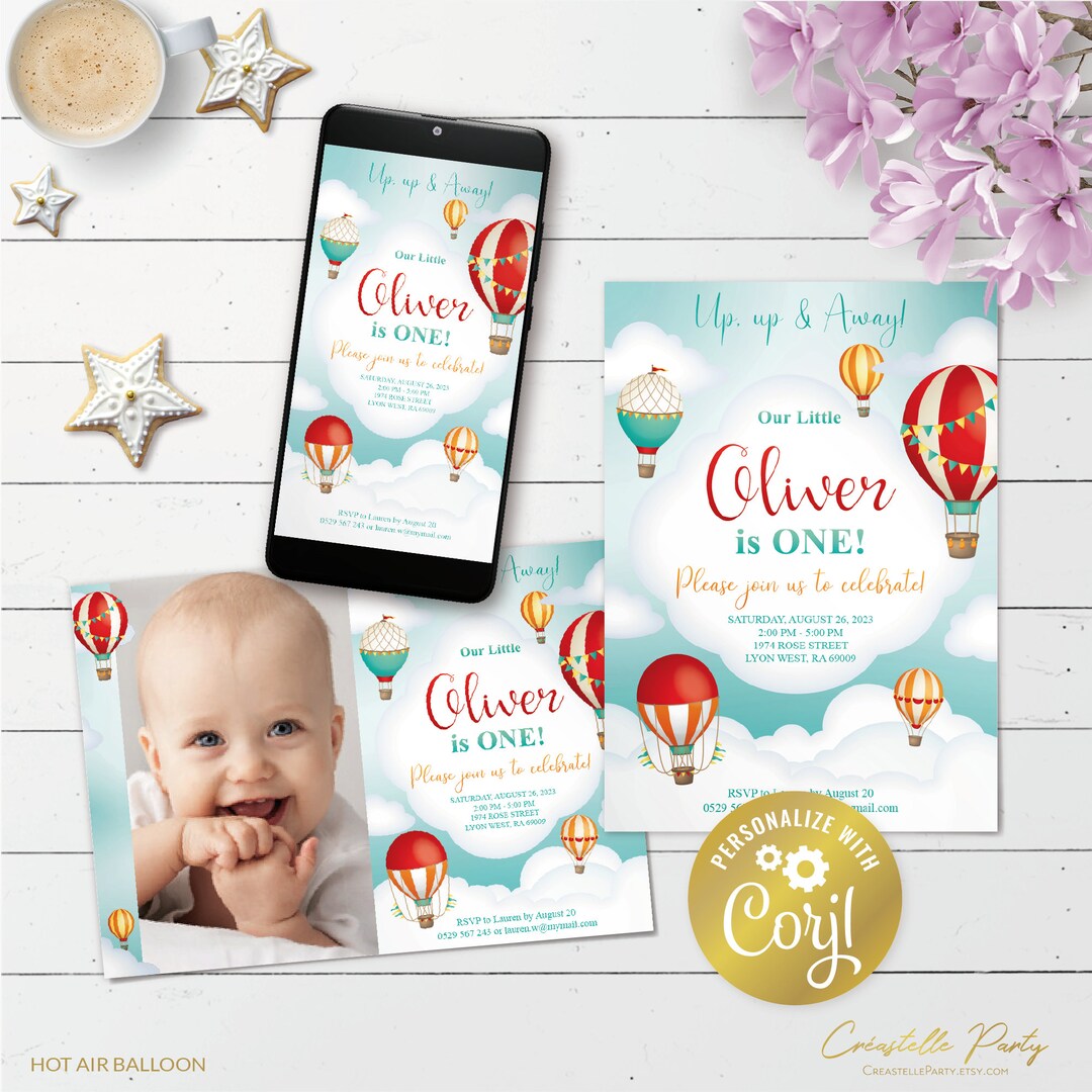 Hot Air Balloon Red Invitation, Editable Up, up & Away Birthday Digital ...