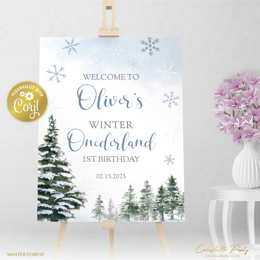 Winter Forest Welcome Sign, Winter Onederland, Snow Editable Sign, Blue ...