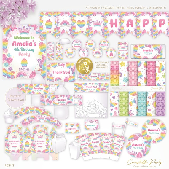 Pop it editable party decor package, pastel rainbow printable, pop ...