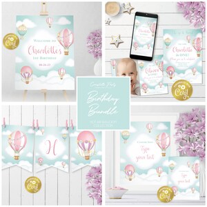 Hot Air Balloon Pink Editable Party Decoration Package, Up, up and Away ...