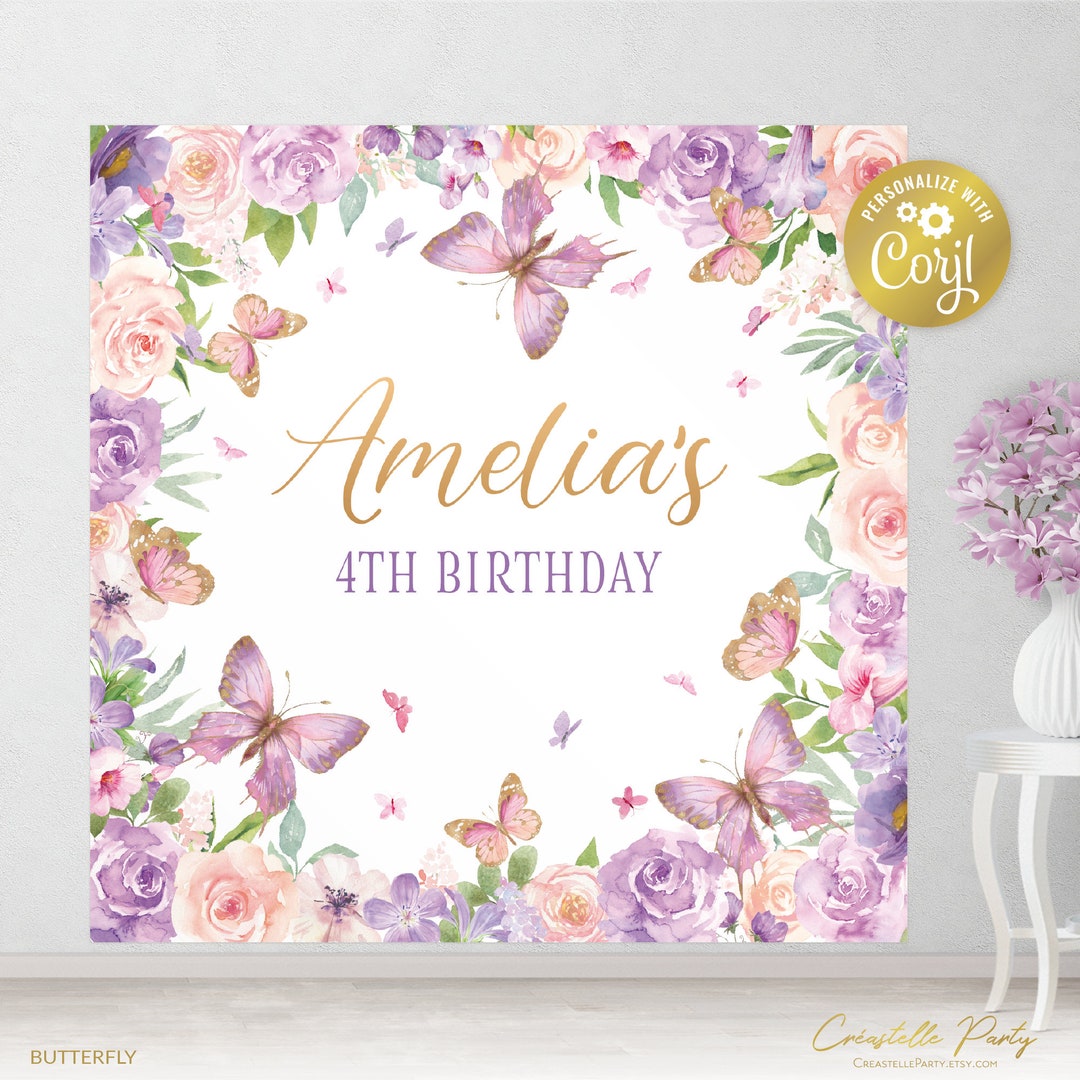 Editable Butterfly Backdrop File, Square Lavender Floral Poster, Party ...
