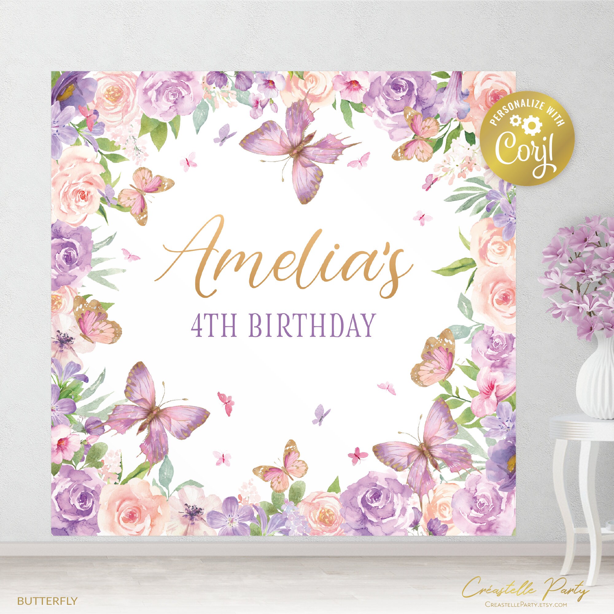 Editable Butterfly Backdrop File, Square Lavender Floral Poster, Party ...