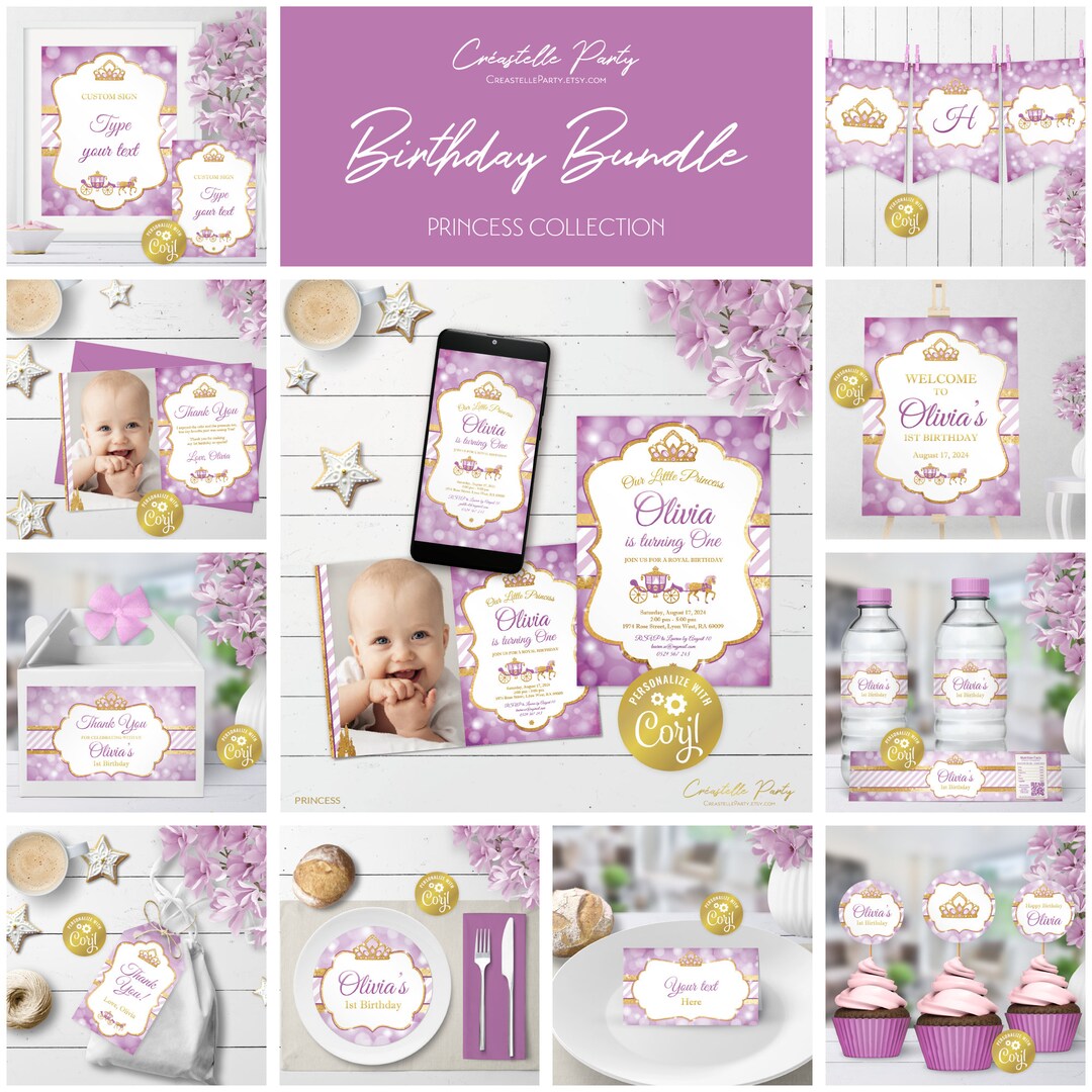 Princess Editable Party Decor Package, Royal Crown Printable, Gold and ...