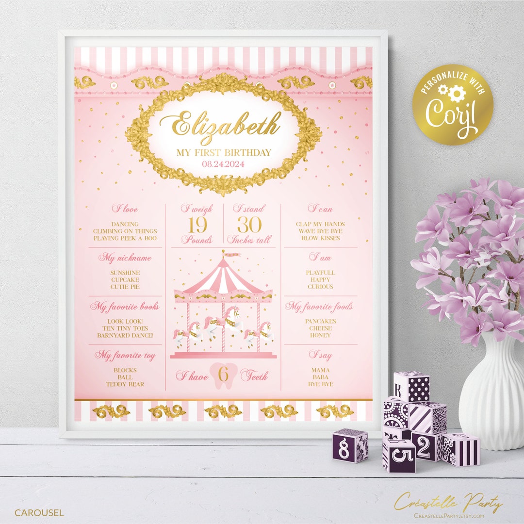 Carousel First Birthday Milestone Sign, Pink, Horse Printable Birthday ...