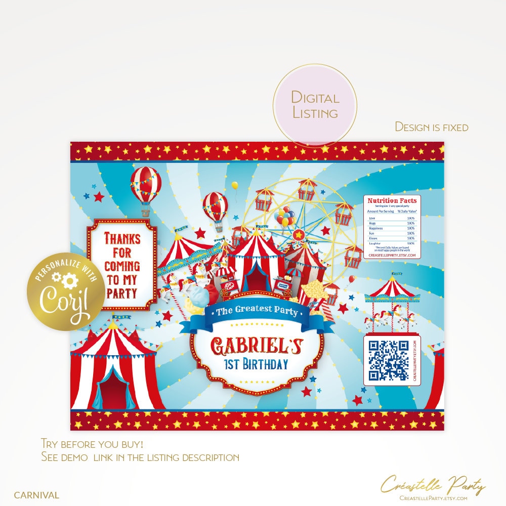 Carnival Editable Chip Bag Wrapper, Big Top Birthday Snacks Label, Red ...