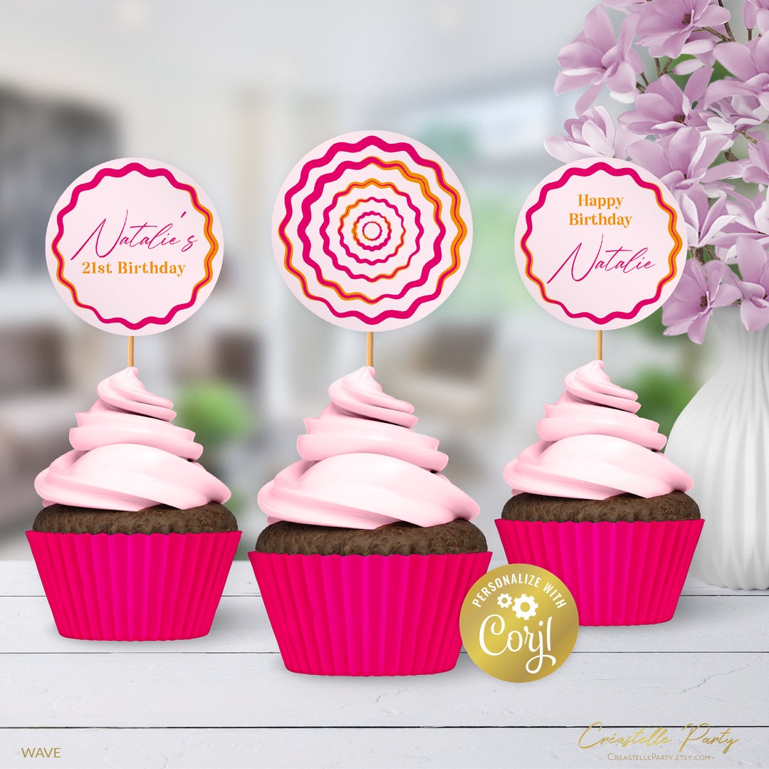 Wavy Editable Cupcake Toppers, Pink & Orange Birthday Label, Retro Wave ...